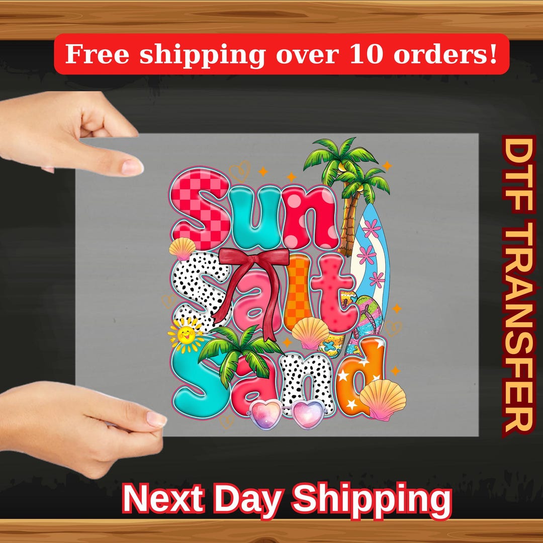 Sun Salt Sand DTF Transfer, Colorful Beach and Surf Themed Summer Ready ...