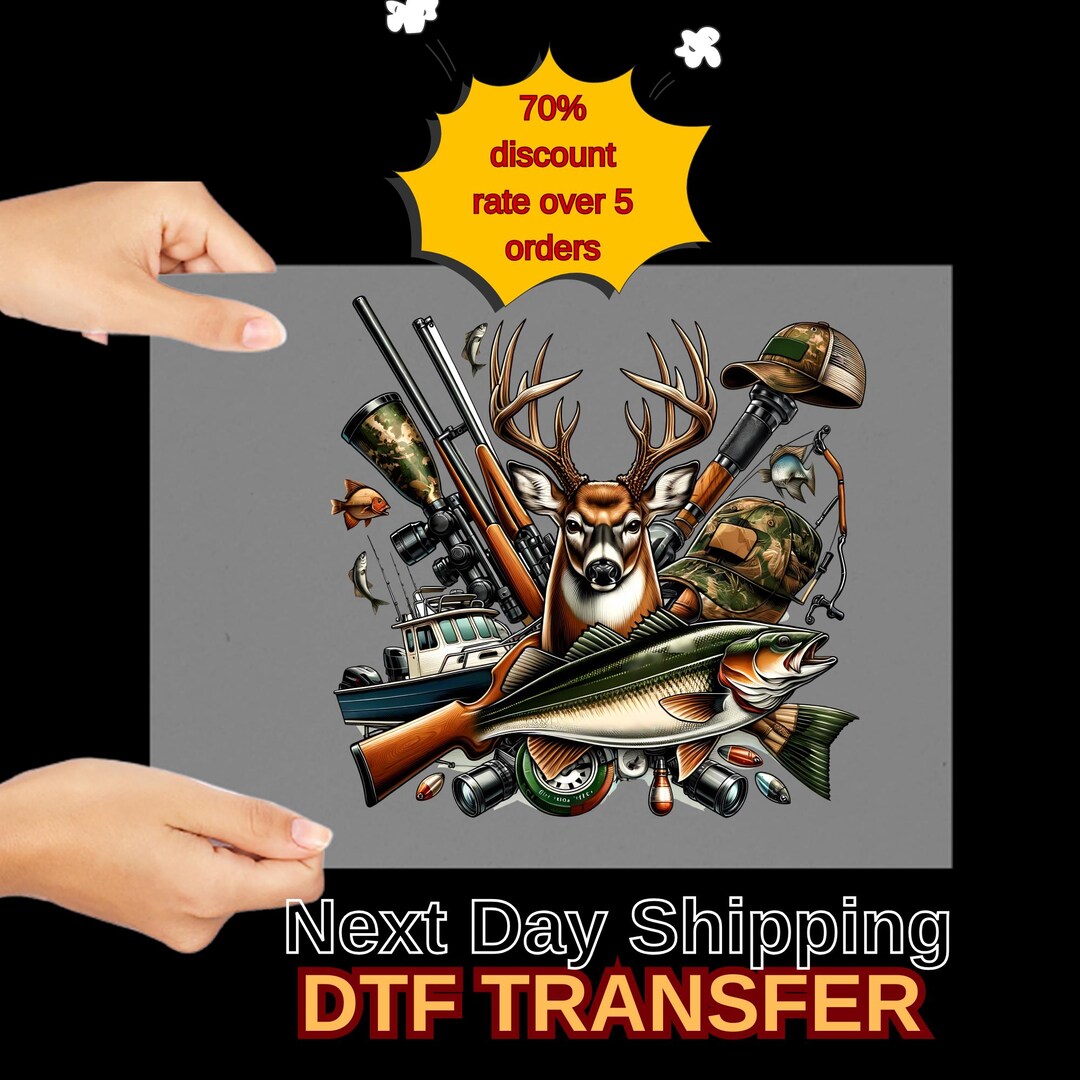 Hunting Fishing Combo DTF, Deer, Fish, Rifles, and Camo Gear Design ...