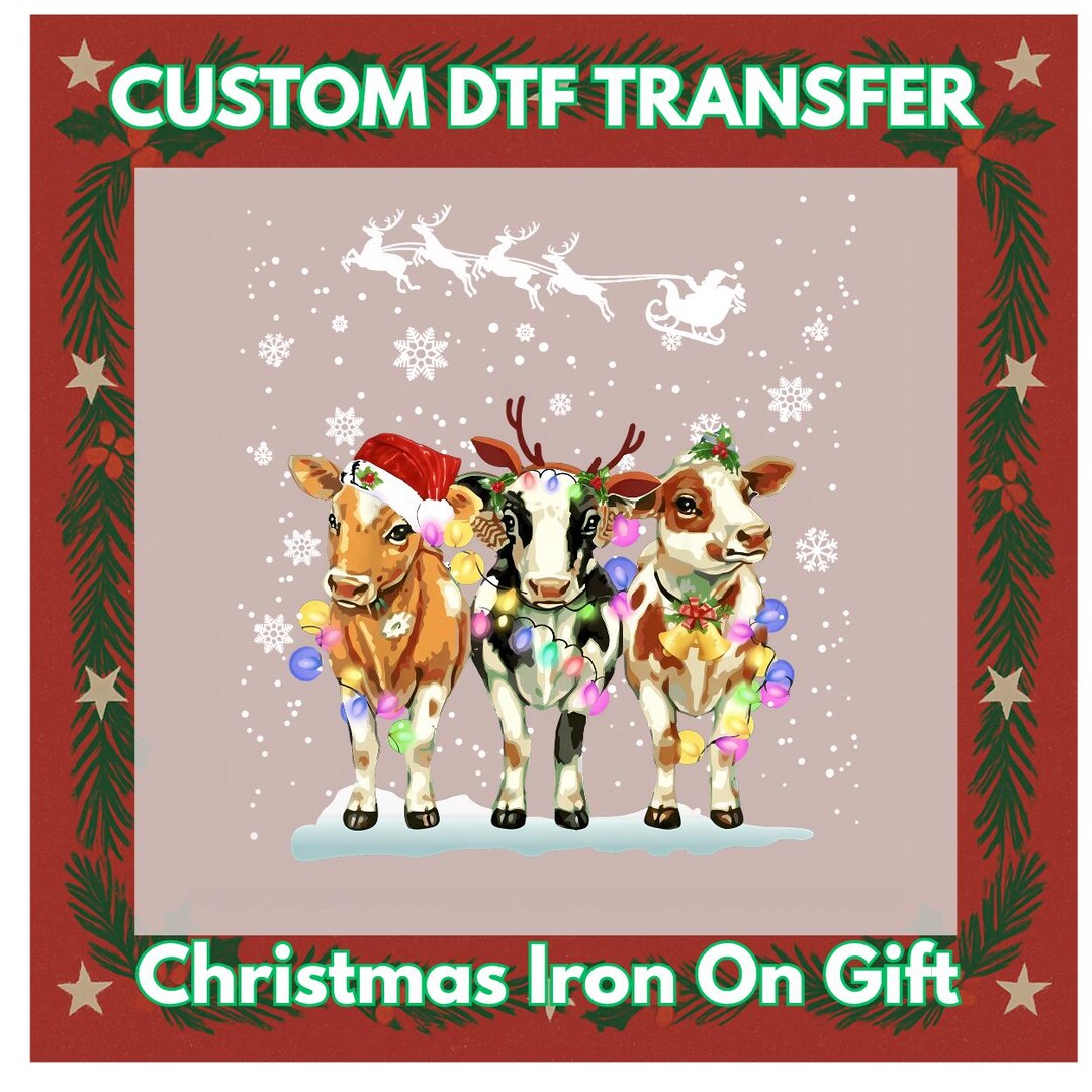 Christmas Cows DTF Transfer, Festive Farm Animal Iron on Holiday Ready ...