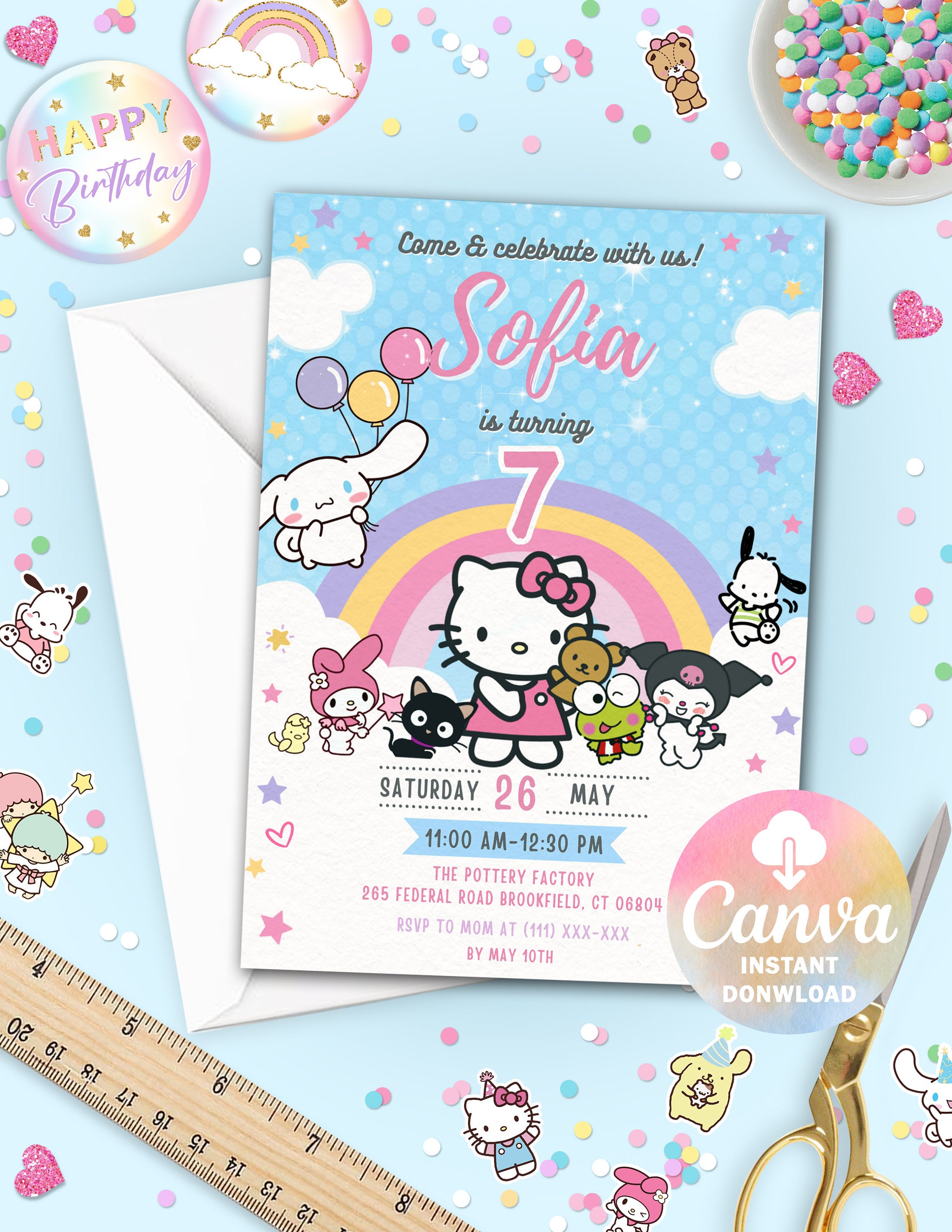 Editable Kitty Printable Invitation Kawaii Kitty Birthday Invitation ...