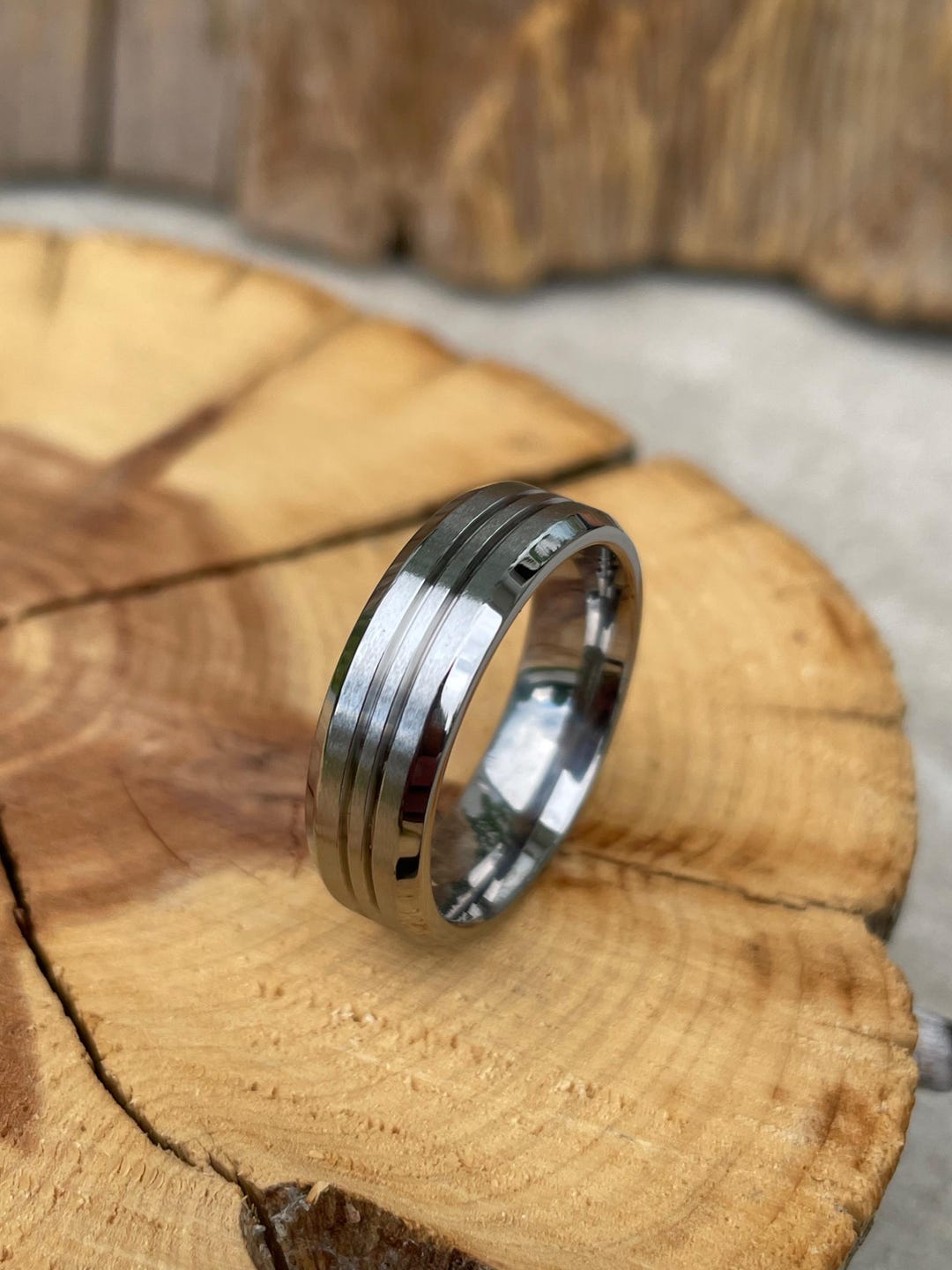Mens Beveled Edge Titanium Band, Groove Cut Stripes, Wedding Band - Etsy