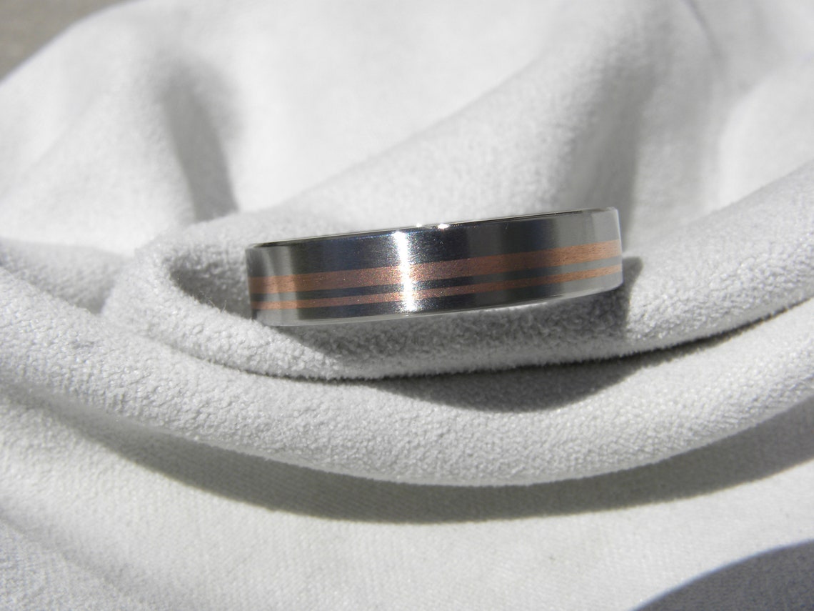 Wedding Ring Titanium Copper Inlay Stripes Band Satin Finish - Etsy