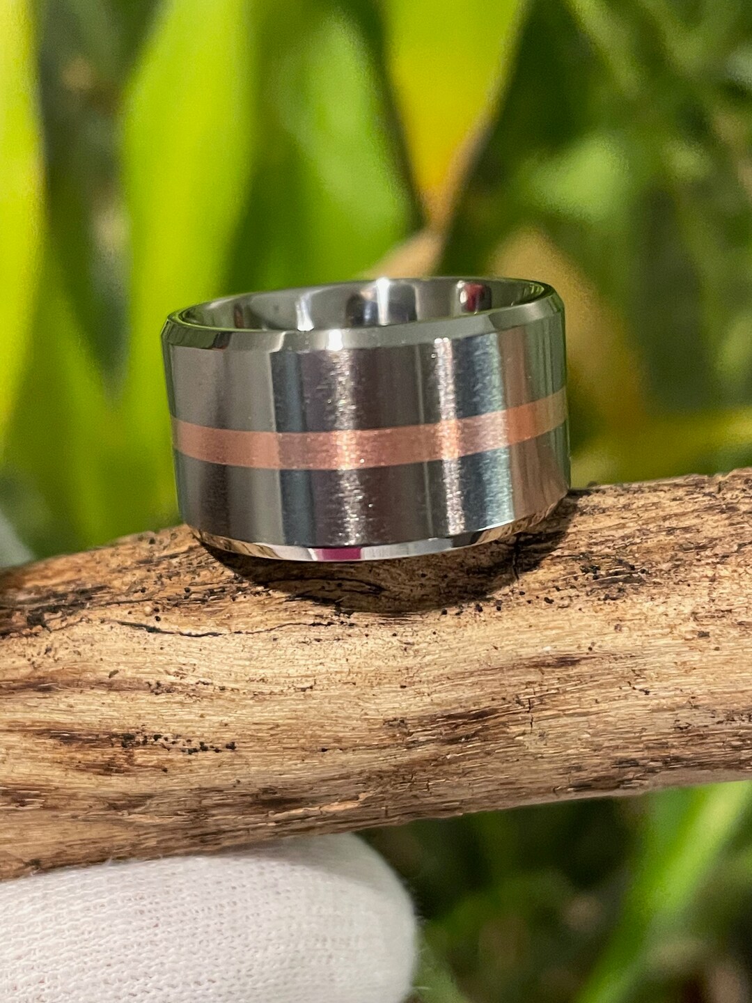 Wide Bevel Edge Ring, Titanium Copper Stripe, Mens, Ladies, Wedding ...