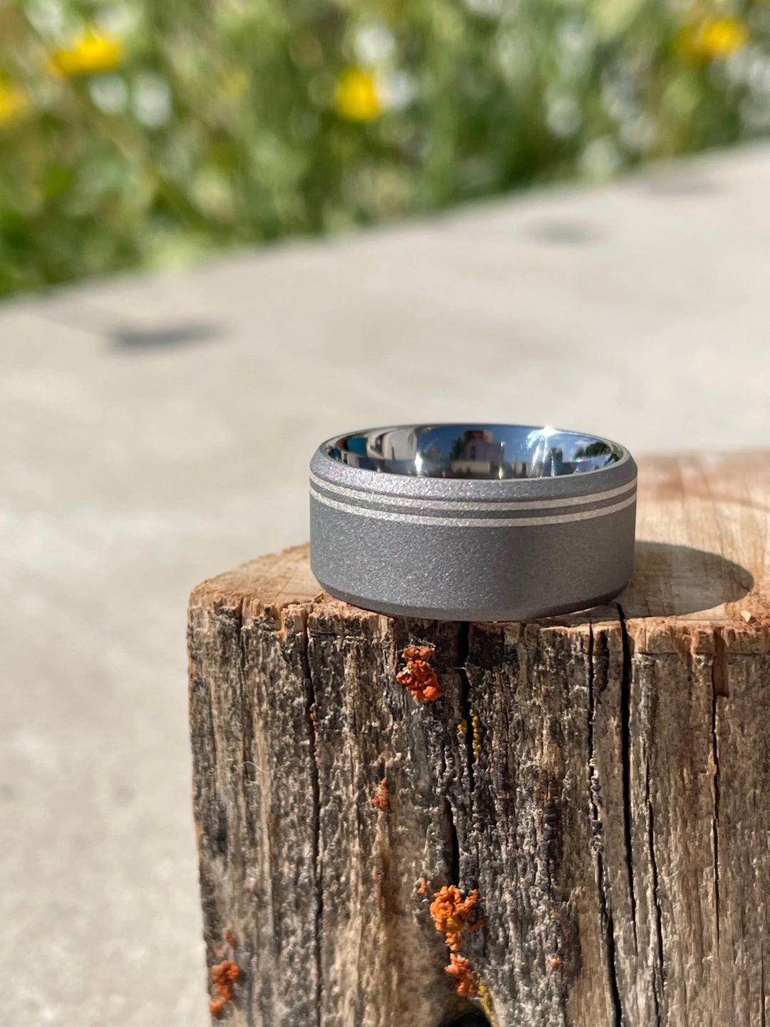 Size 7 1/2, 9mm Wide Ring, Bevel Cut Solid Titanium Band With Silver ...