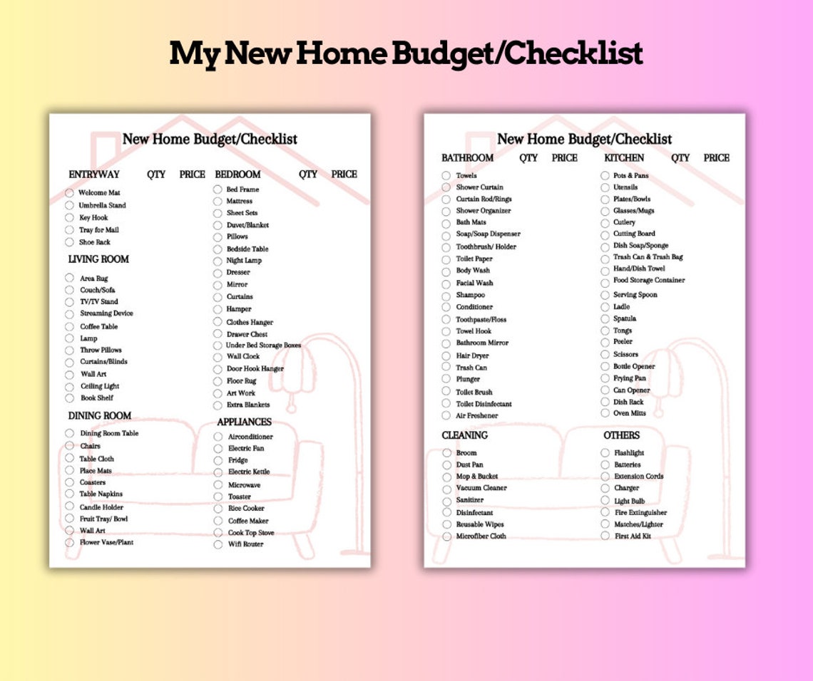 My New Home Checklist, Printable, 6 A4 Size Pages, With Budget ...