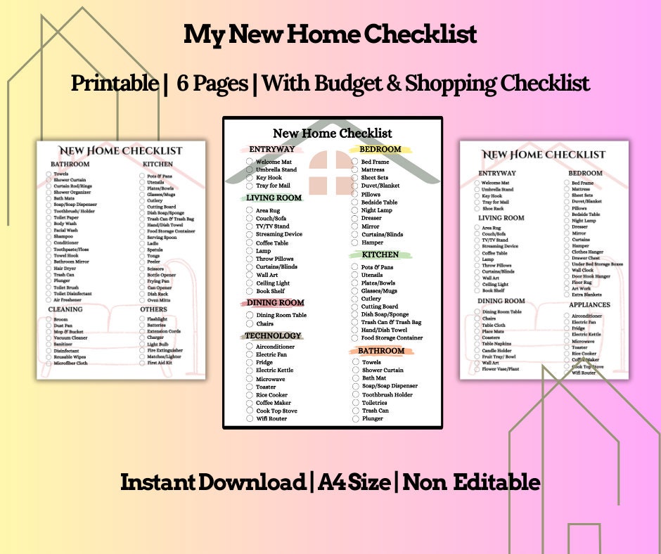 My New Home Checklist Printable 6 A4 Size Pages With Budget & Shopping ...