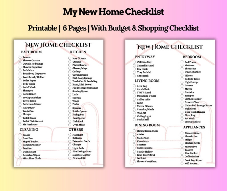 My New Home Checklist, Printable, 6 A4 Size Pages, With Budget ...