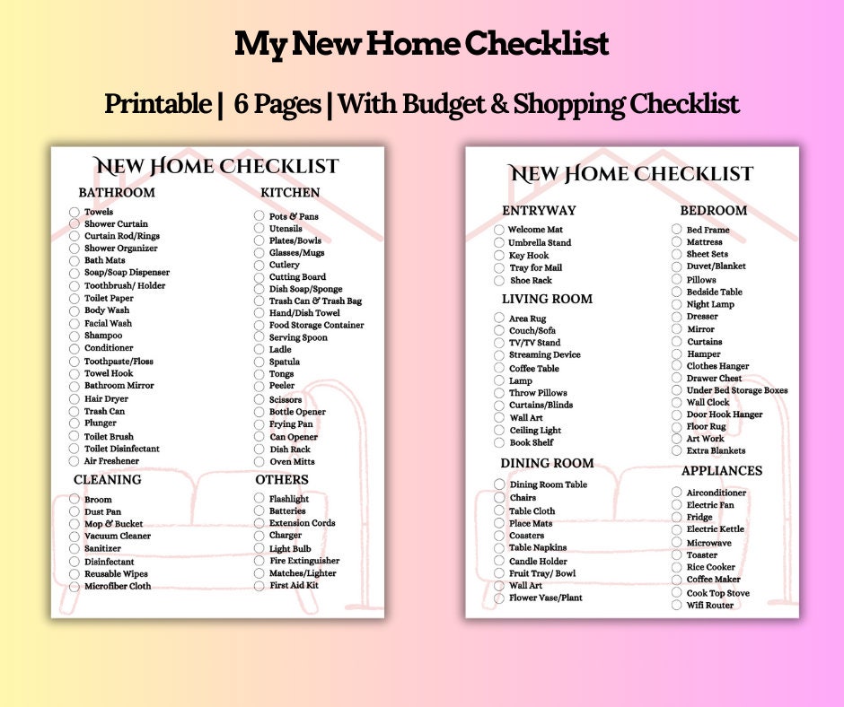 My New Home Checklist, Printable, 6 A4 Size Pages, With Budget ...