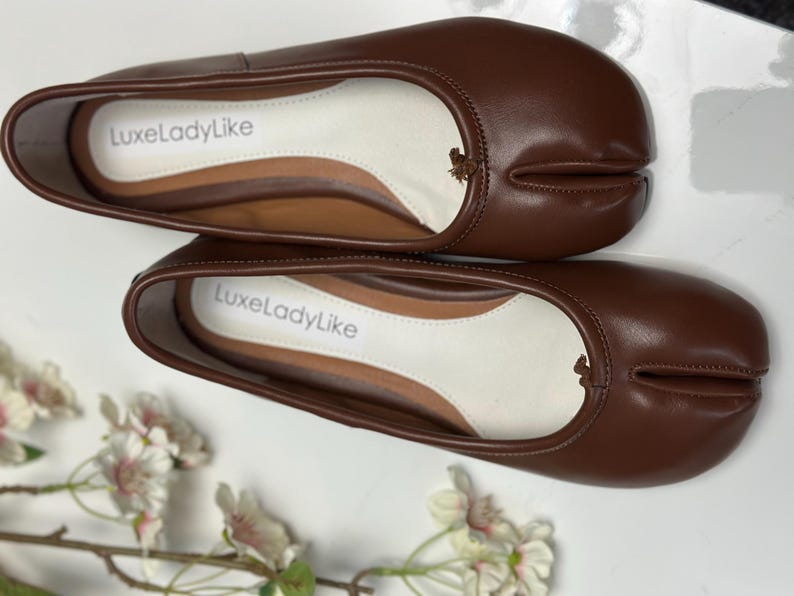 Tabi Shoes Dark Brown Leather Flats for Women Unique Split Toe Design ...