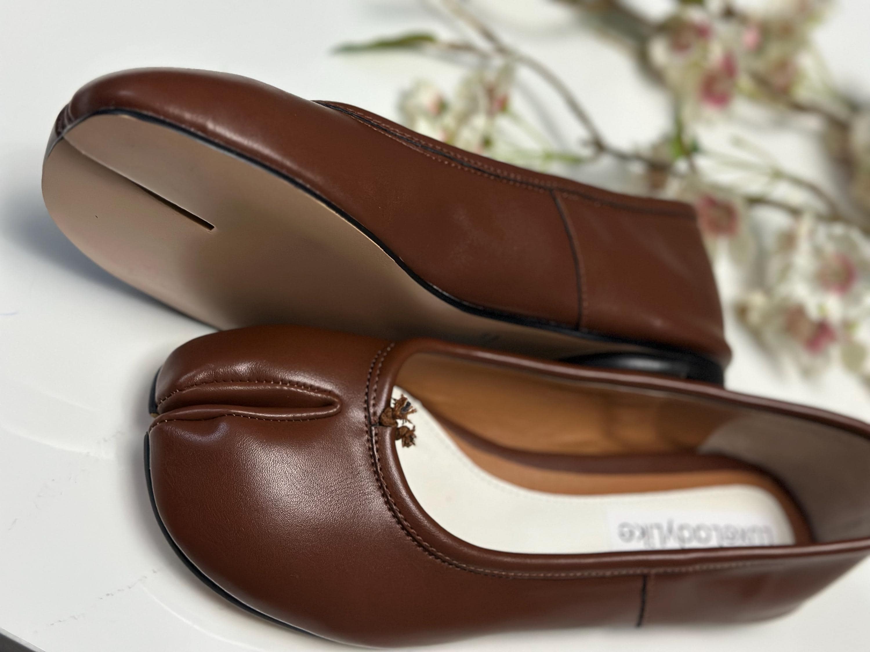 Tabi Shoes Dark Brown Leather Flats for Women Unique Split Toe Design ...