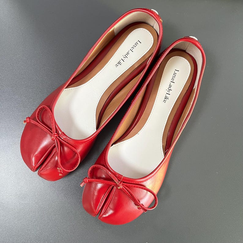 Handmade Red Bow Leather Flats for Women | Gift for Women | Split Toe ...