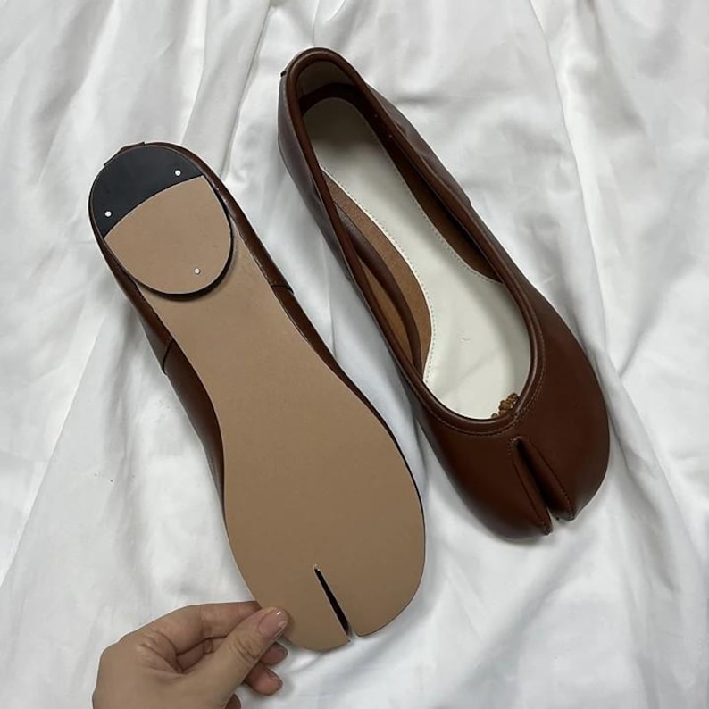 Tabi Shoes Dark Brown Leather Flats for Women Unique Split Toe Design ...