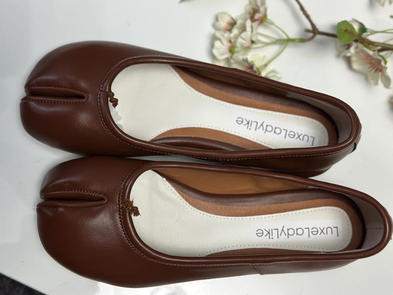 Tabi Shoes Dark Brown Leather Flats for Women Unique Split Toe Design ...
