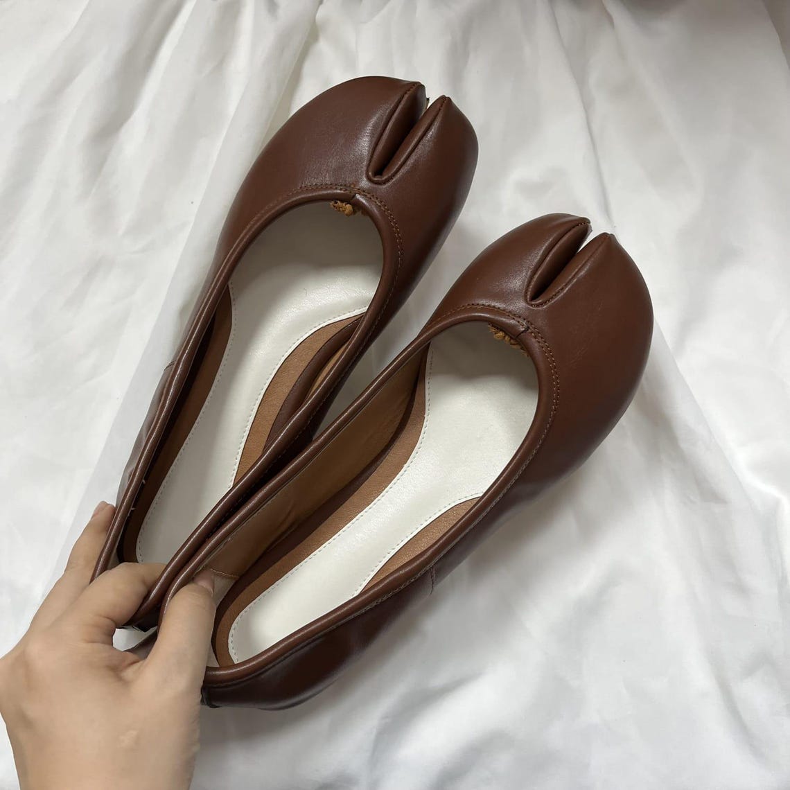 Tabi Shoes Dark Brown Leather Flats for Women Unique Split Toe Design ...