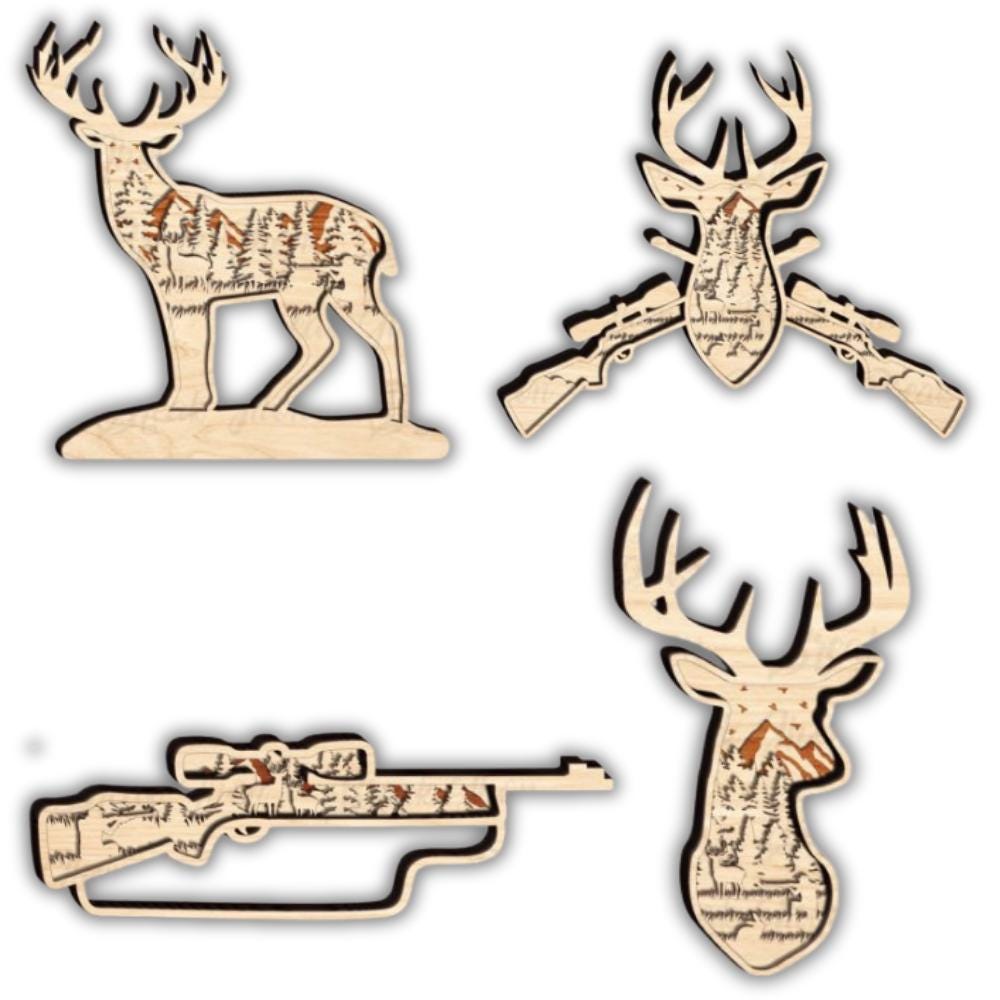 4x Hunting Bundle 3D Multilayer Wooden Rifle Deer Engraved Laser Cut ...