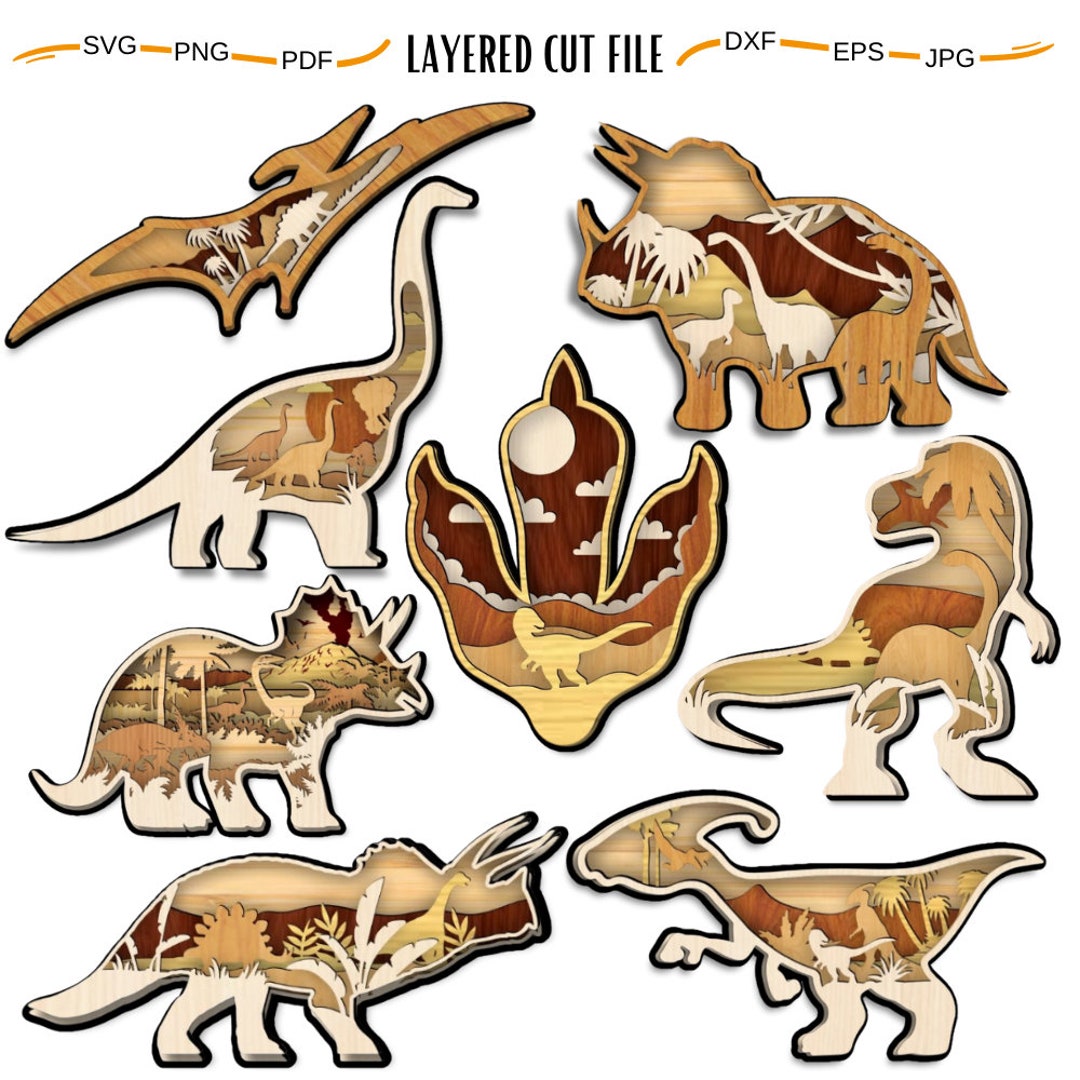 8x Dinosaur Bundle Multilayer 3D Wooden Engraved Laser Cut File ...