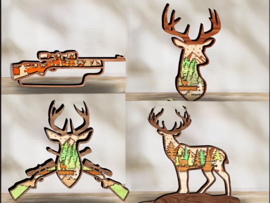 4x Hunting Bundle 3D Multilayer Wooden Rifle Deer Engraved Laser Cut ...