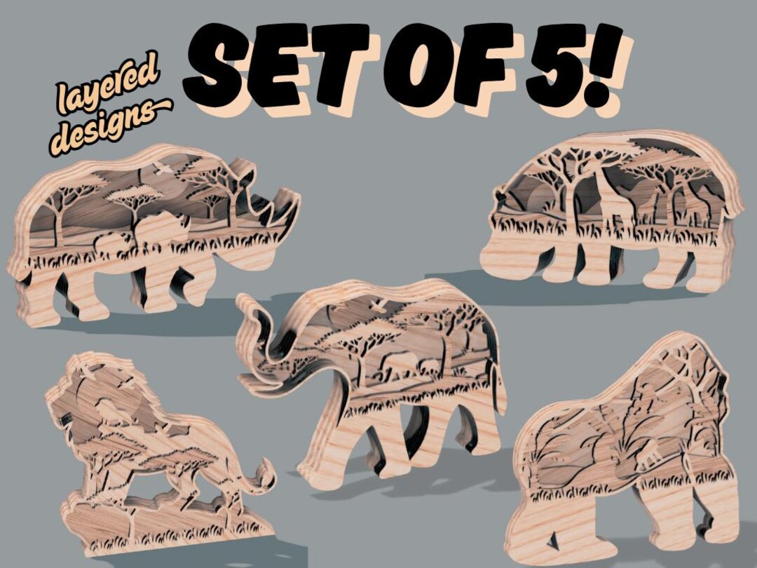 5x Bundle Safari Animals Multilayer Wooden African Laser Cut File ...