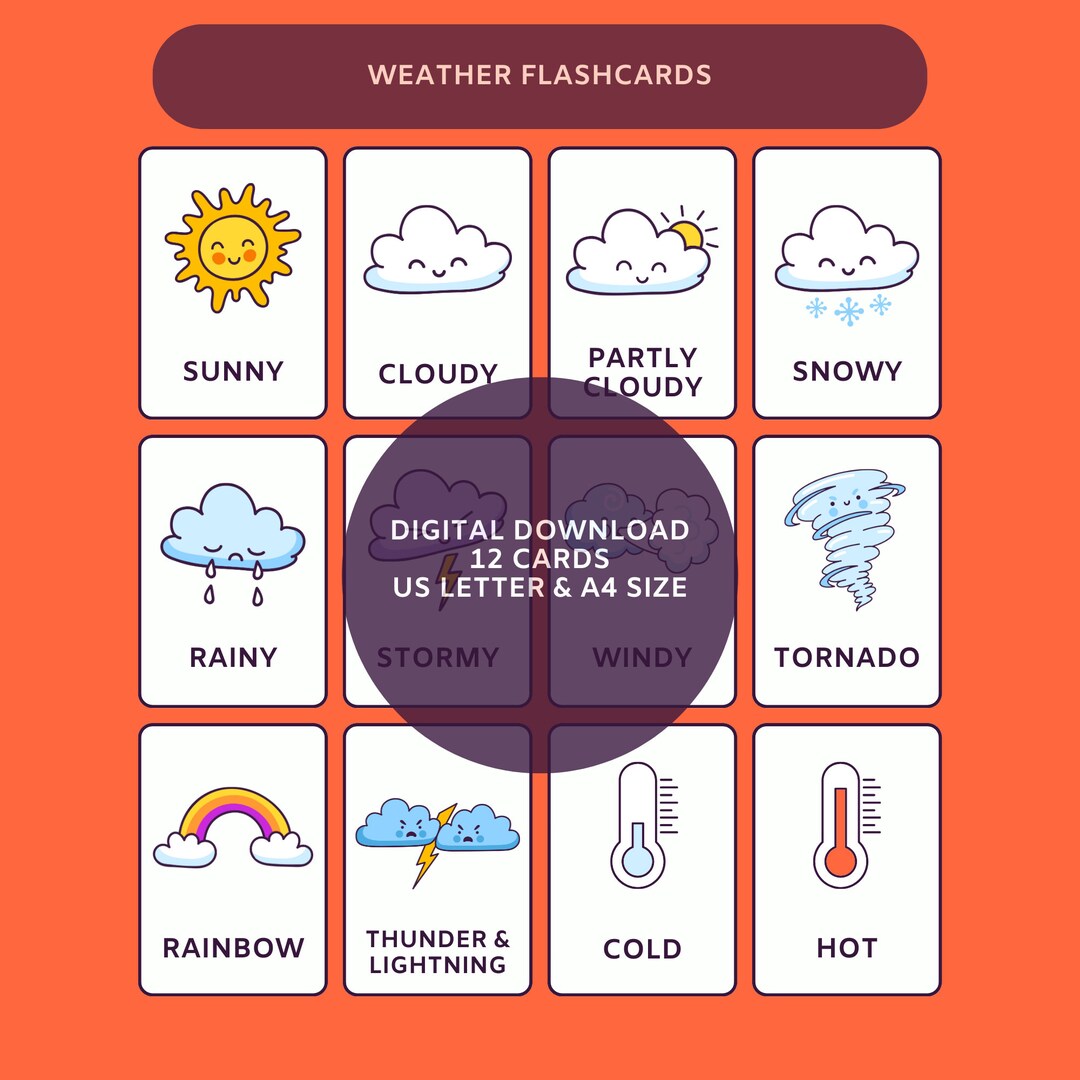 Weather Cards - Digital Download, Printable Weather Flash Cards for ...