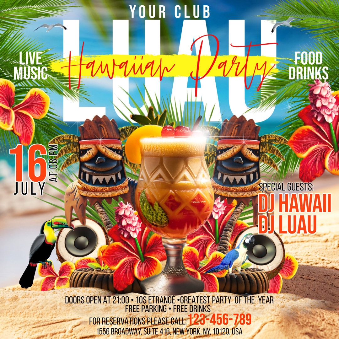 Luau Party Flyer, DIY Flyer Template Design, Night Club Event Invite ...