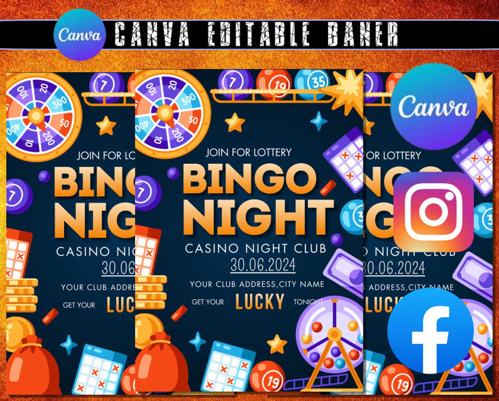 Bingo Night Poster. Printable Party Flyer Template. DIY Template Design ...