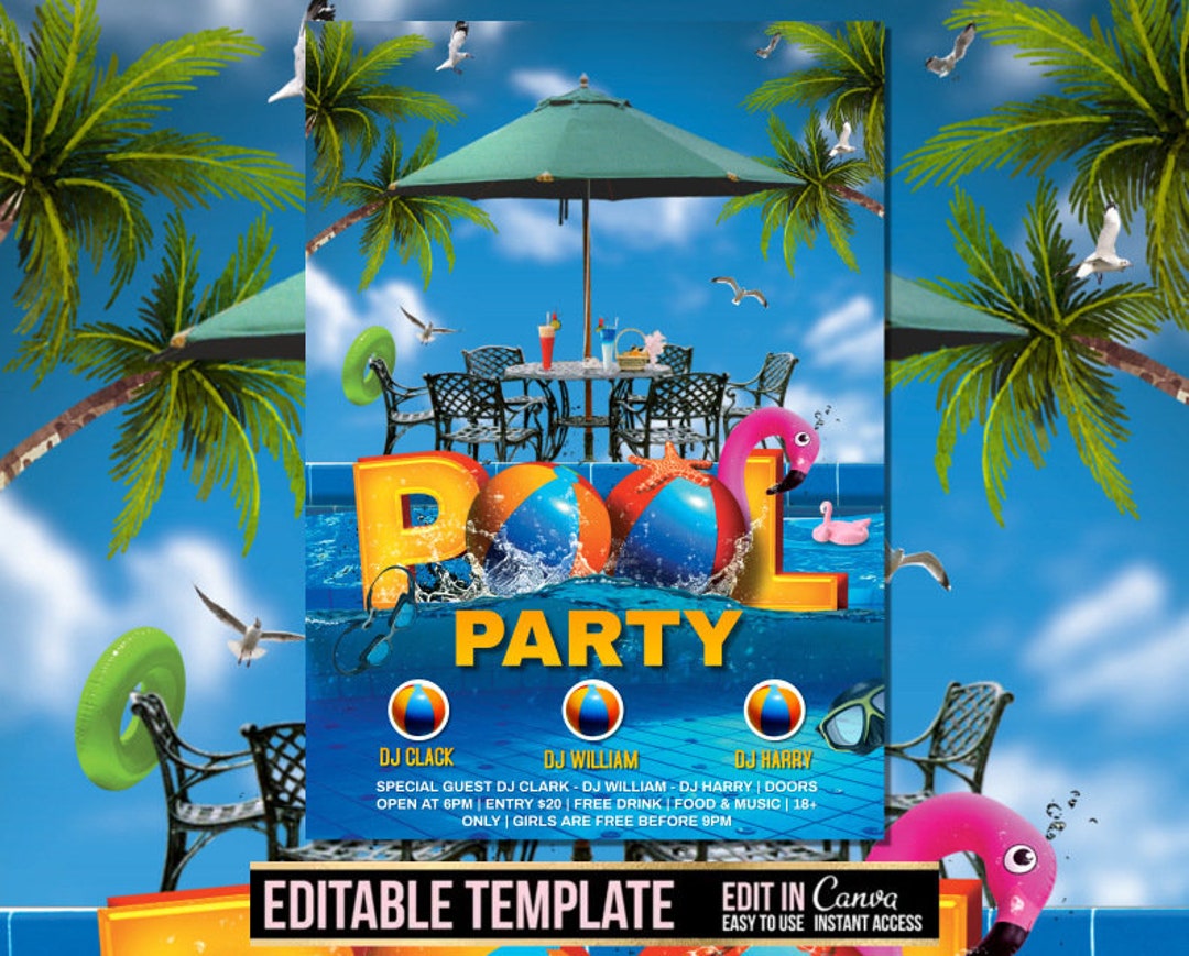 Pool Party Flyer, DIY Flyer Template Design, Night Club Event Invite ...
