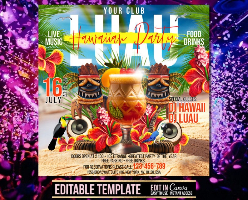 Luau Party Flyer, DIY Flyer Template Design, Night Club Event Invite ...