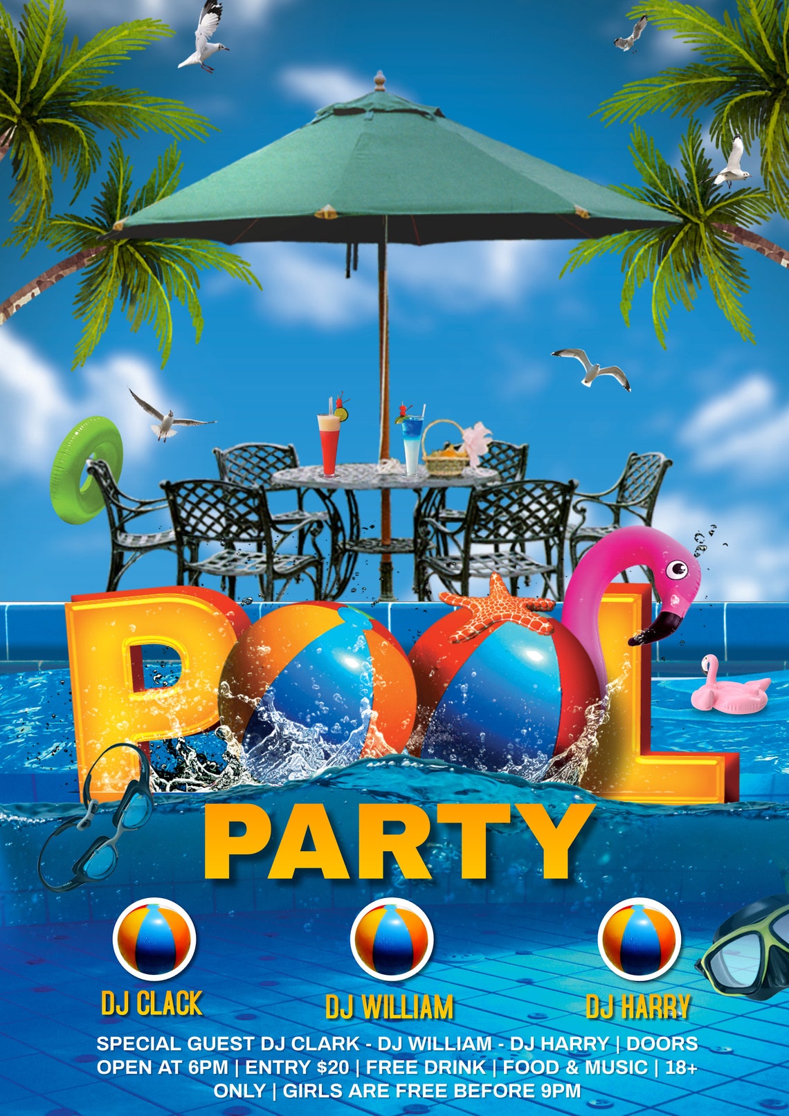 Pool Party Flyer, DIY Flyer Template Design, Night Club Event Invite ...