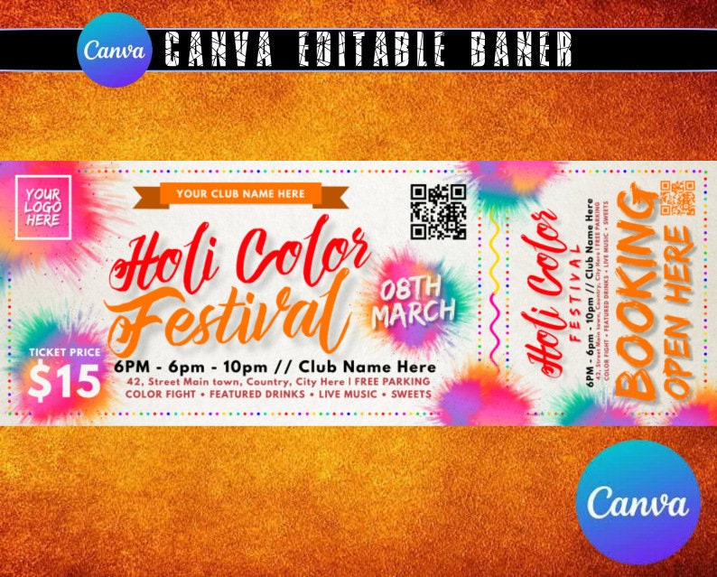 Holi Festival Editable Ticket Template, Custom Ticket Gift, Surprise ...