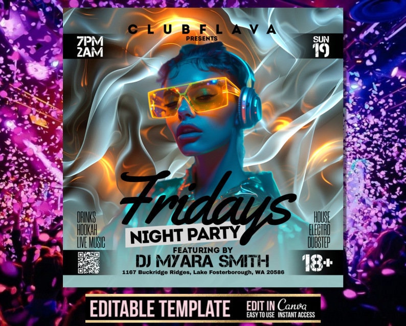 Friday Night Party Flyer, DIY Flyer Template Design, Night Club Event ...