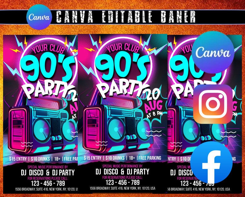 Back to 90's Night Party Flyer. Social Media DIY Flyer Template Design ...