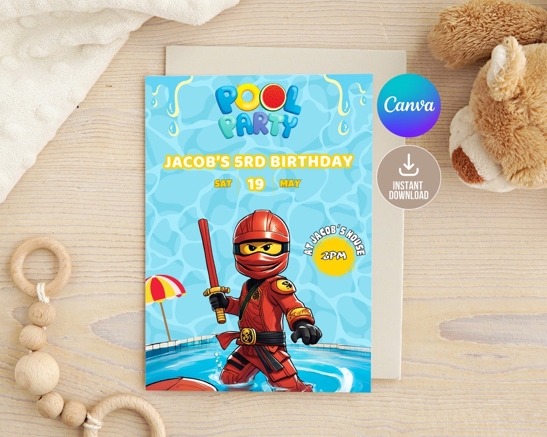Editable Ninja Go Pool Birthday Invitation,printable Pool Party ...