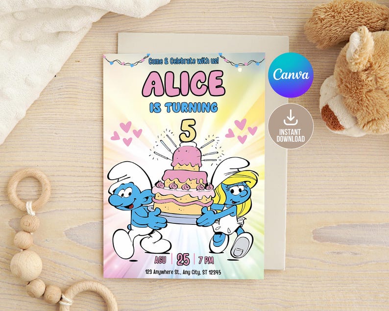 Editable Smurf Birthday Invitation Digital,printable Smurf Birthday ...