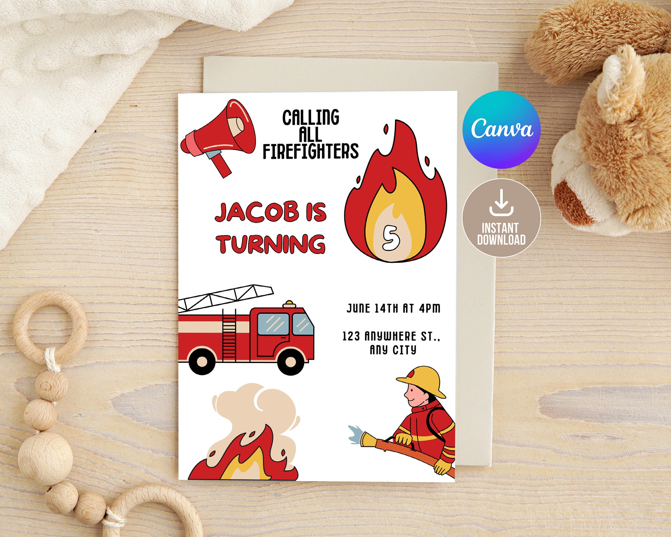 Editable Firefighter Fire Truck Birthday Invitation,printable Fireman ...
