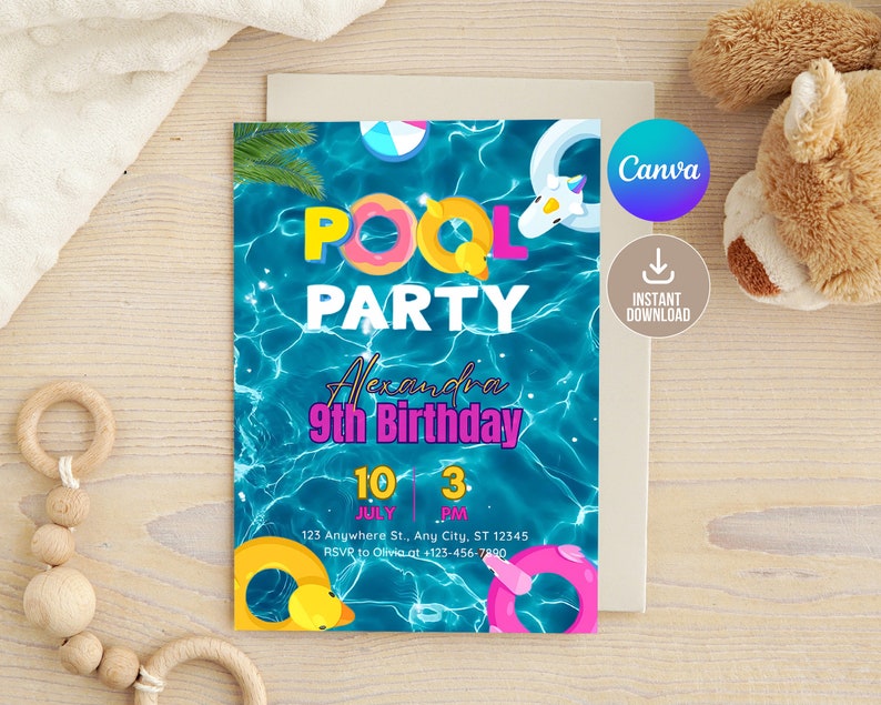 Editable Pool Party Invitation,printable Pool Party Birthday Invitation ...