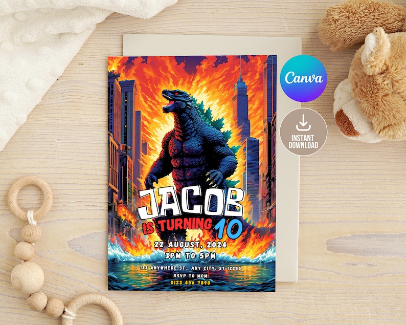 Editable Godzilla Invitation Template,editable Godzilla Birthday ...
