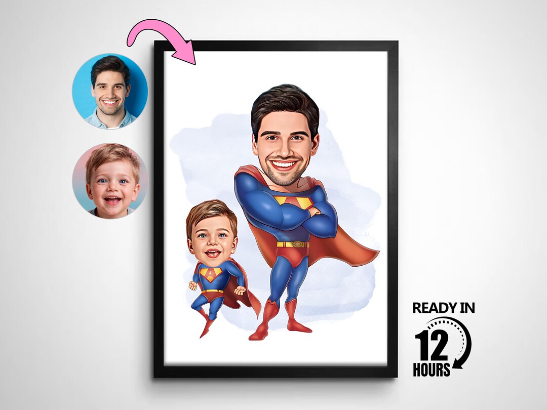 Personalized Super Dad and Son Cartoon Portrait,custom Family Portrait ...