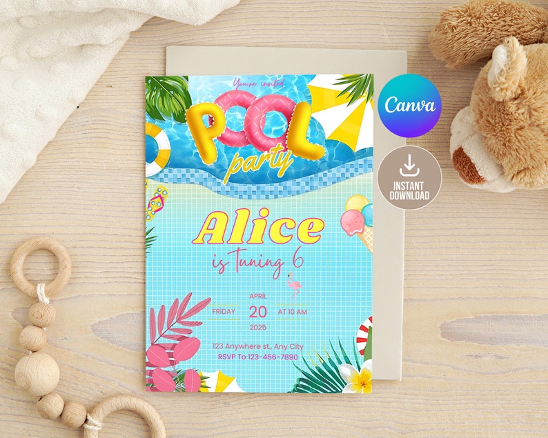 Editable Pool Party Invitation,printable Pool Party Birthday Invitation ...