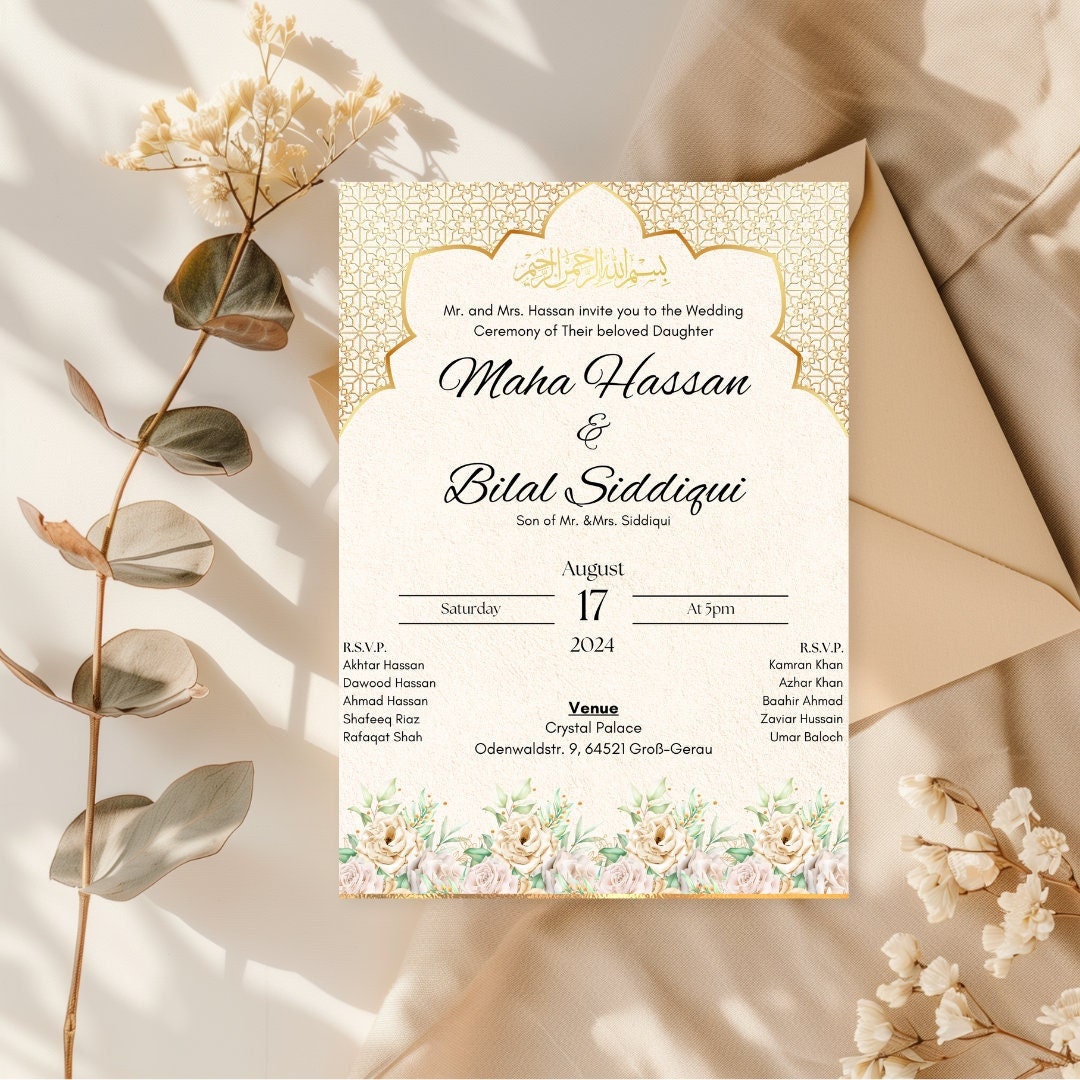 Wedding Invitation Card, baagh With RSVP Walima, Reception, Baraat ...