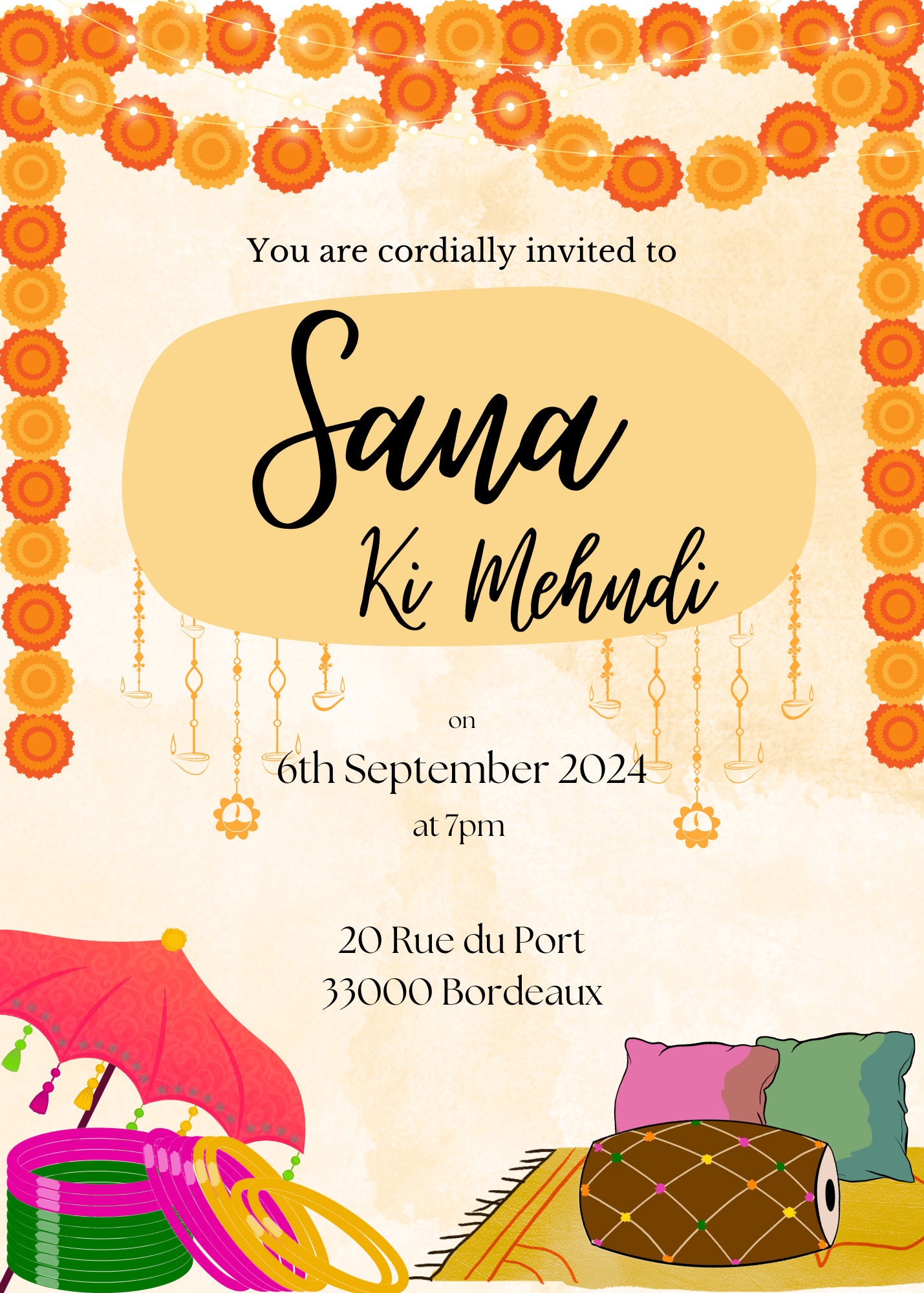 Dholki Mehndi Invitation Card, Digital Invitation, Mayun, Mayoon, Mehndi, Henna, Uptam, Haldi ...