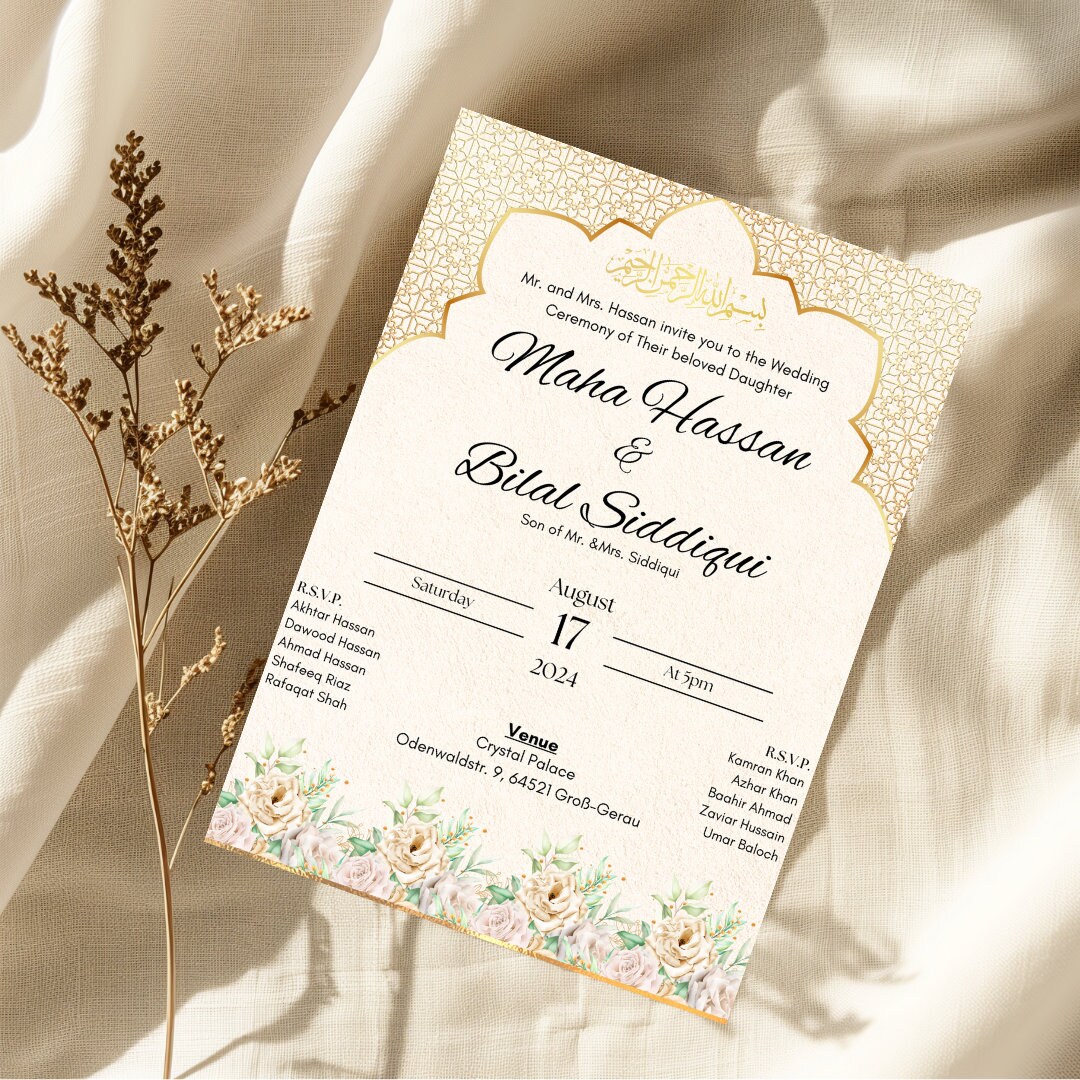 Wedding Invitation Card, baagh With RSVP Walima, Reception, Baraat ...