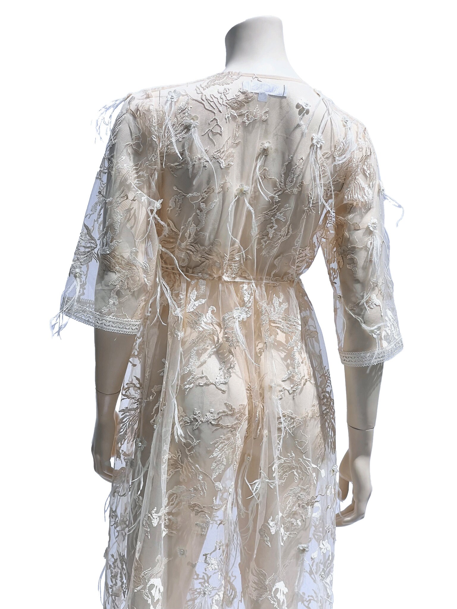 Transparent Beige Tulle Robe Handmade With Floral and Feather Detail - Etsy