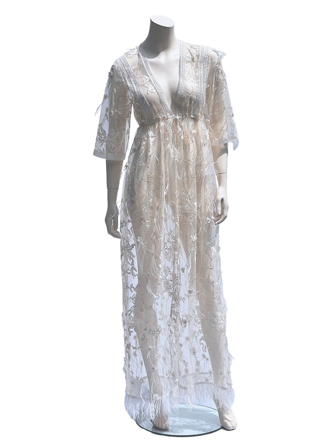 Transparent Beige Tulle Robe Handmade With Floral and Feather Detail - Etsy