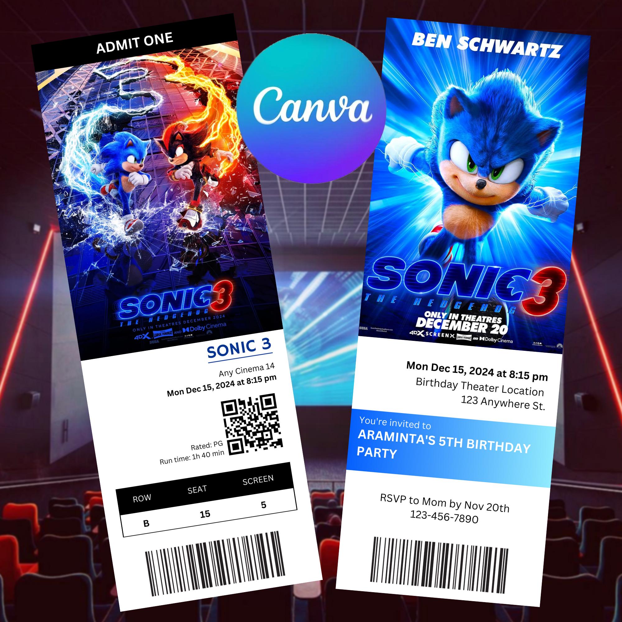 Editable Sonic 3 Movie Ticket Birthday Invitation, Editable Sonic 3 ...