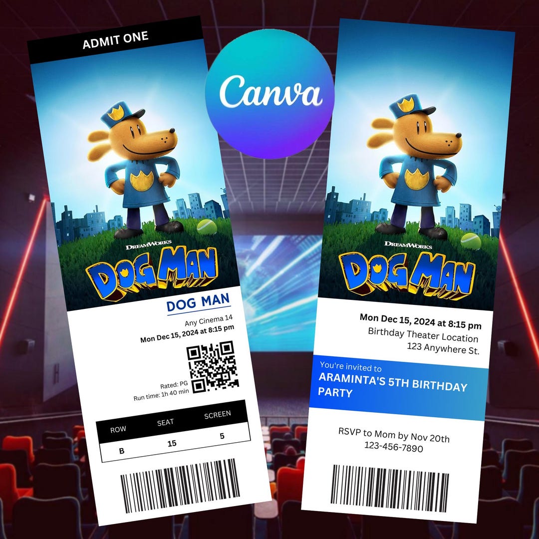 Editable Dog Man Movie Ticket Birthday Invitation, Editable Dog Man Movie Birthday Invitation ...