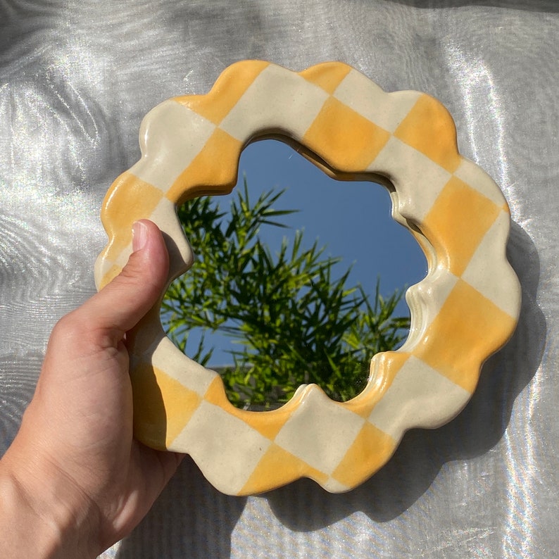 Yellow Checkered Mirror, Wall Decor, Ceramic Mirror, Livingroom ...