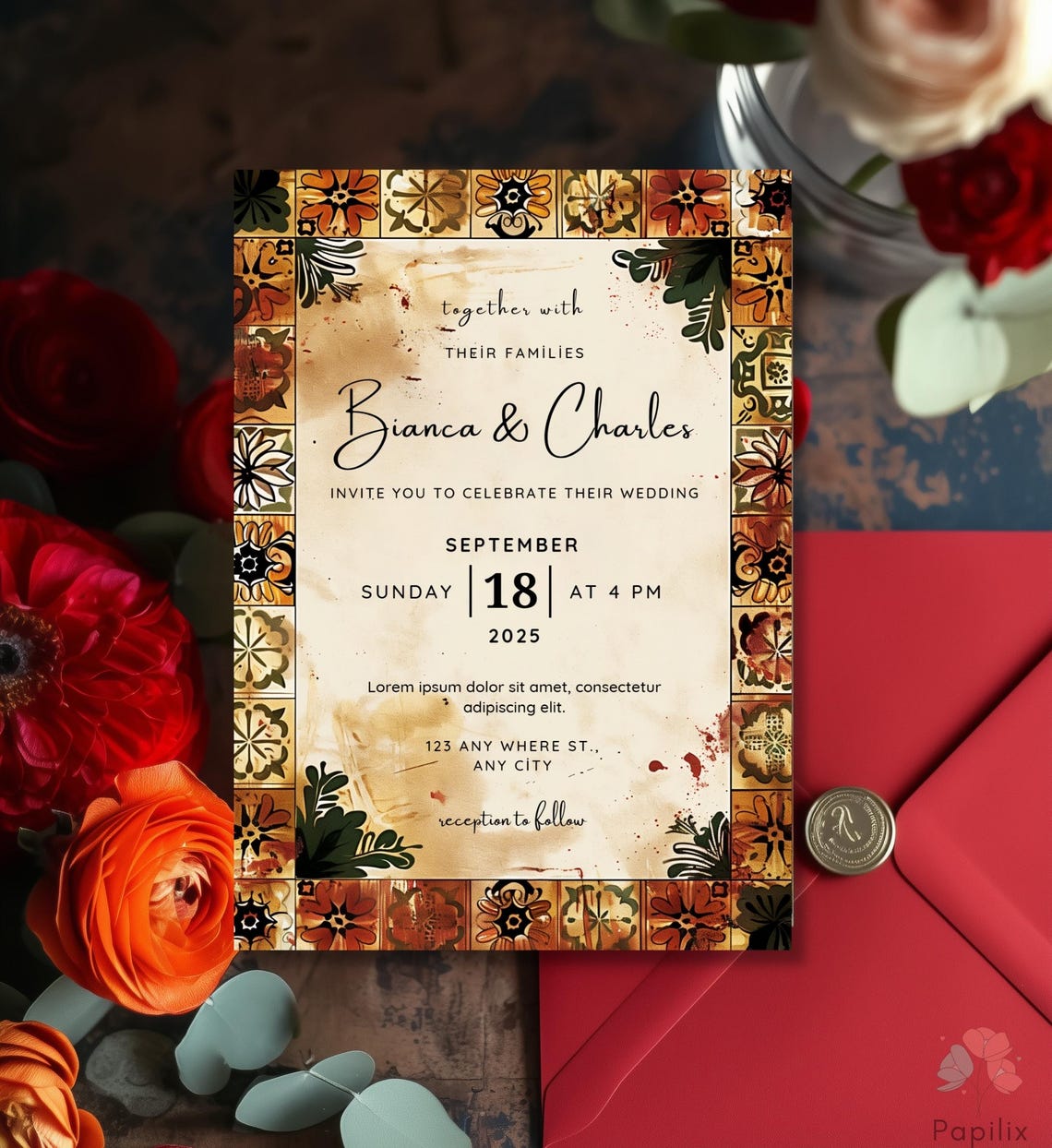 Talavera Tile Border Blank Wedding Invitation, Fiesta Theme Party ...