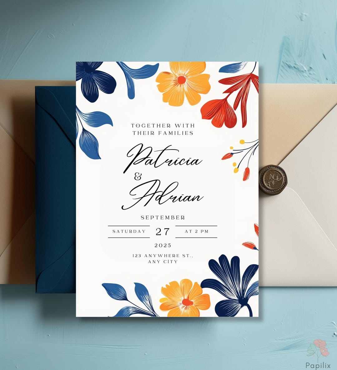 Mexican Wedding Invitation Template, Fiesta Invites, Red Blue Yellow ...