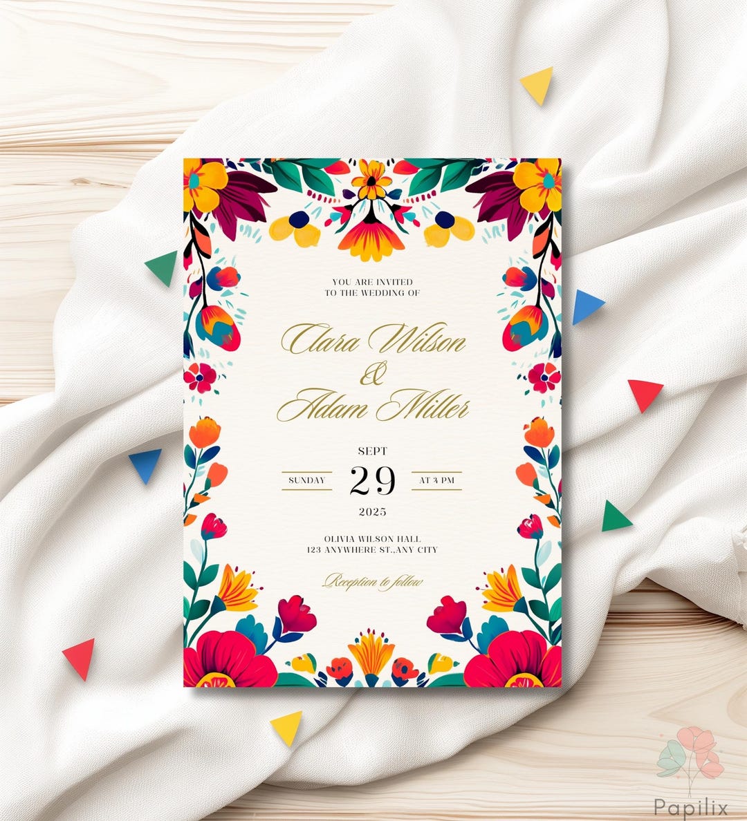 Colorful Floral Mexican Wedding Invitation, Fiesta Theme, Red Yellow ...