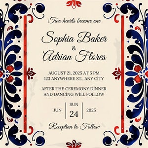 Mexican Wedding Invitation, Talavera Tile, Red & Blue Floral Invites ...